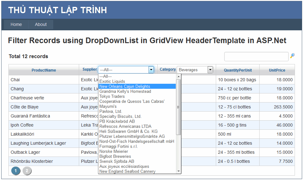 Sử dụng Dropdownlist để lọc dữ liệu trong Gridview HeaderTemplate - lập trình đốt nét