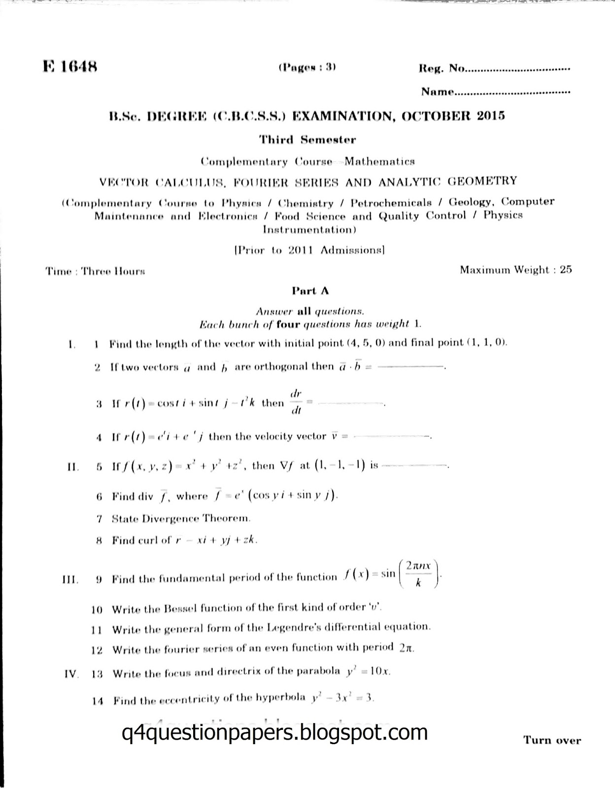 mgu B.sc chemistry semester 3 vector calculus, fourier and analytic ...