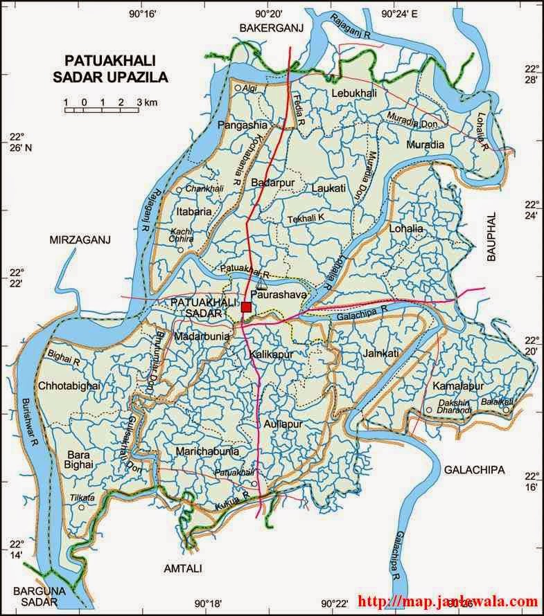 Patuakhali Sadar Upazila Map, Patuakhali, Bangladesh