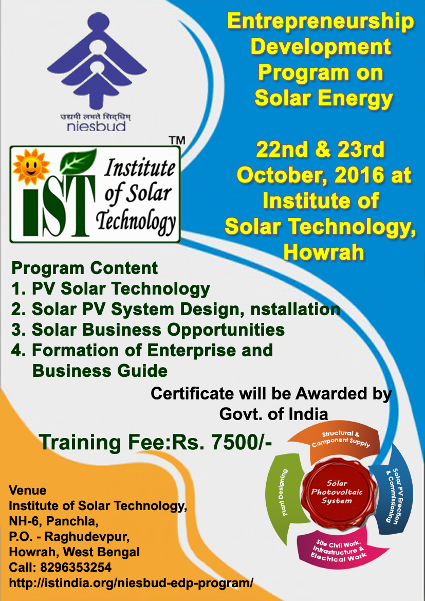 NIESBUD Entrepreneurship Development Program on Solar Energy, Solar ...
