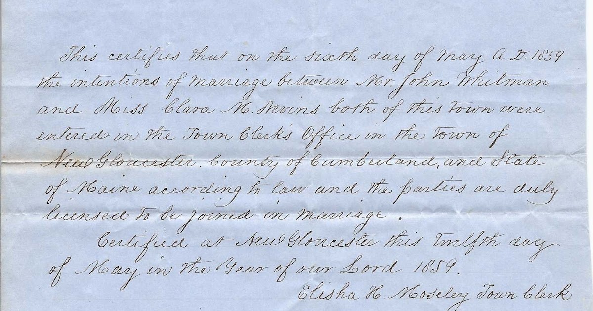 Heirlooms Reunited: 1859 Marriage Intention Between John Whitman and ...