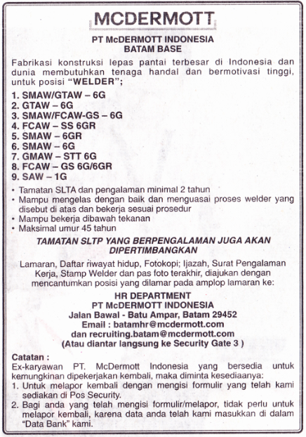 Lowongan Kerja PT. McDermott Indonesia | BATAM LINK