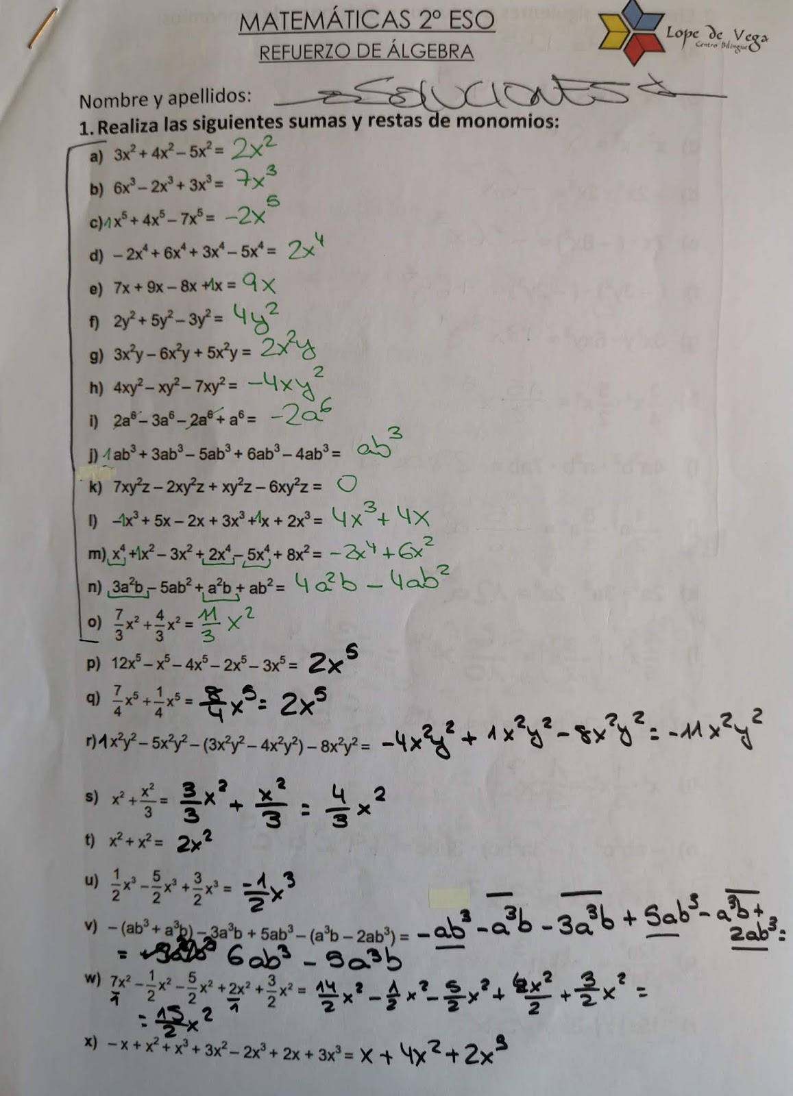 Soluciones ejercicios de álgebra 2º ESO ~ A mi me molan las mates