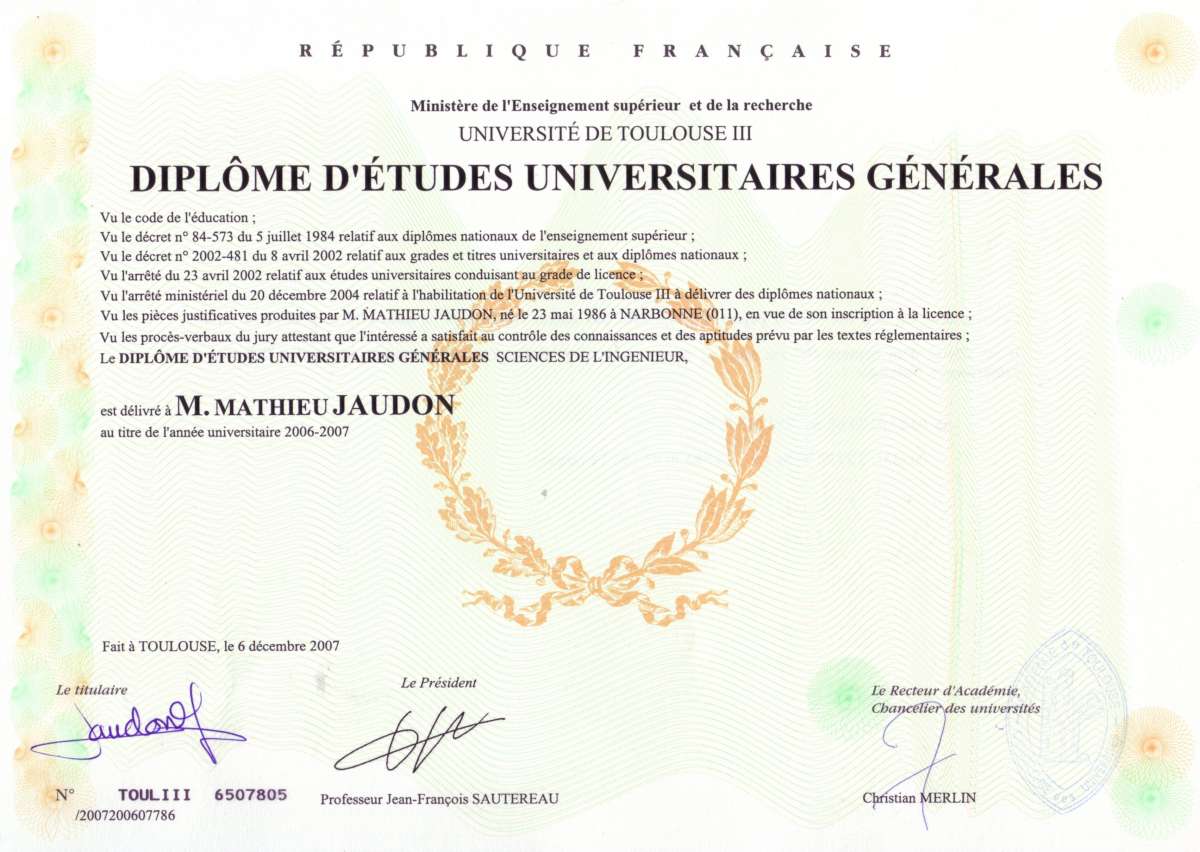Curriculum Vitae : Diplômes Jaudon Mathieu