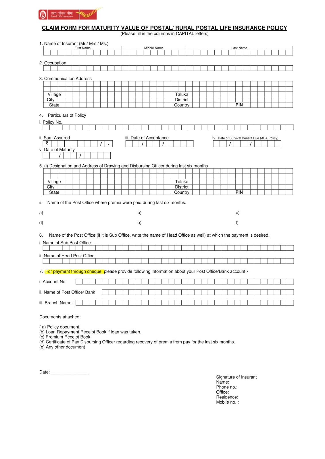 Forms19 P L I Maturity Claim Form