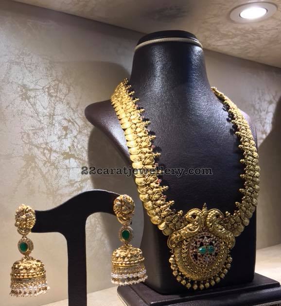 Heavy Kasu Mala with Pendant and Jhumkas - Jewellery Designs