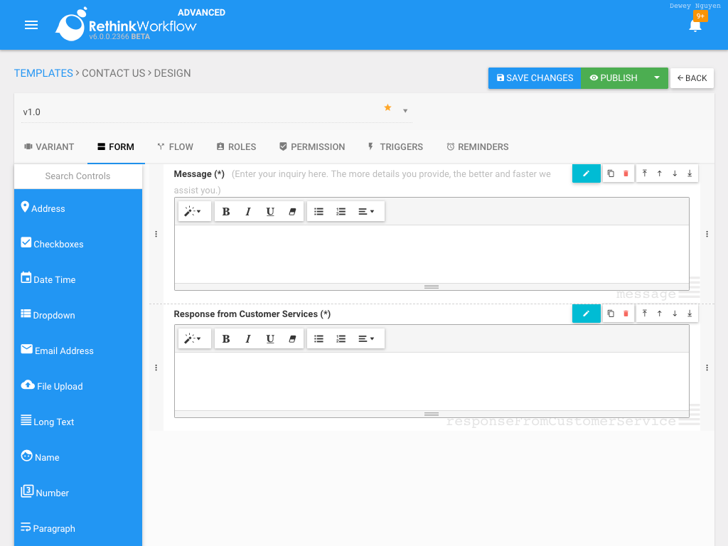 Rethink Workflow Support: Contact Us Template