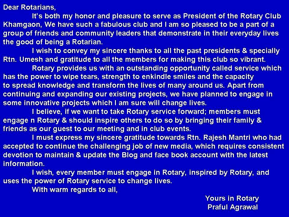ROTARY CLUB OF KHAMGAON 2013-14: President's Message (Click to enlarge)