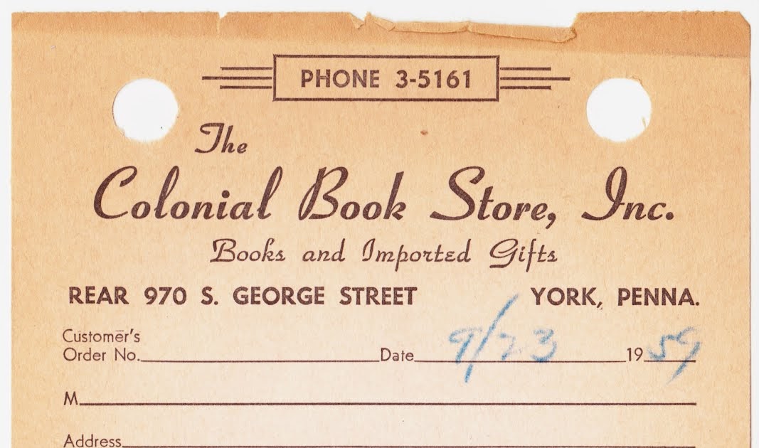 Papergreat: 1959 receipt from The Colonial Bookstore in York, Pa.