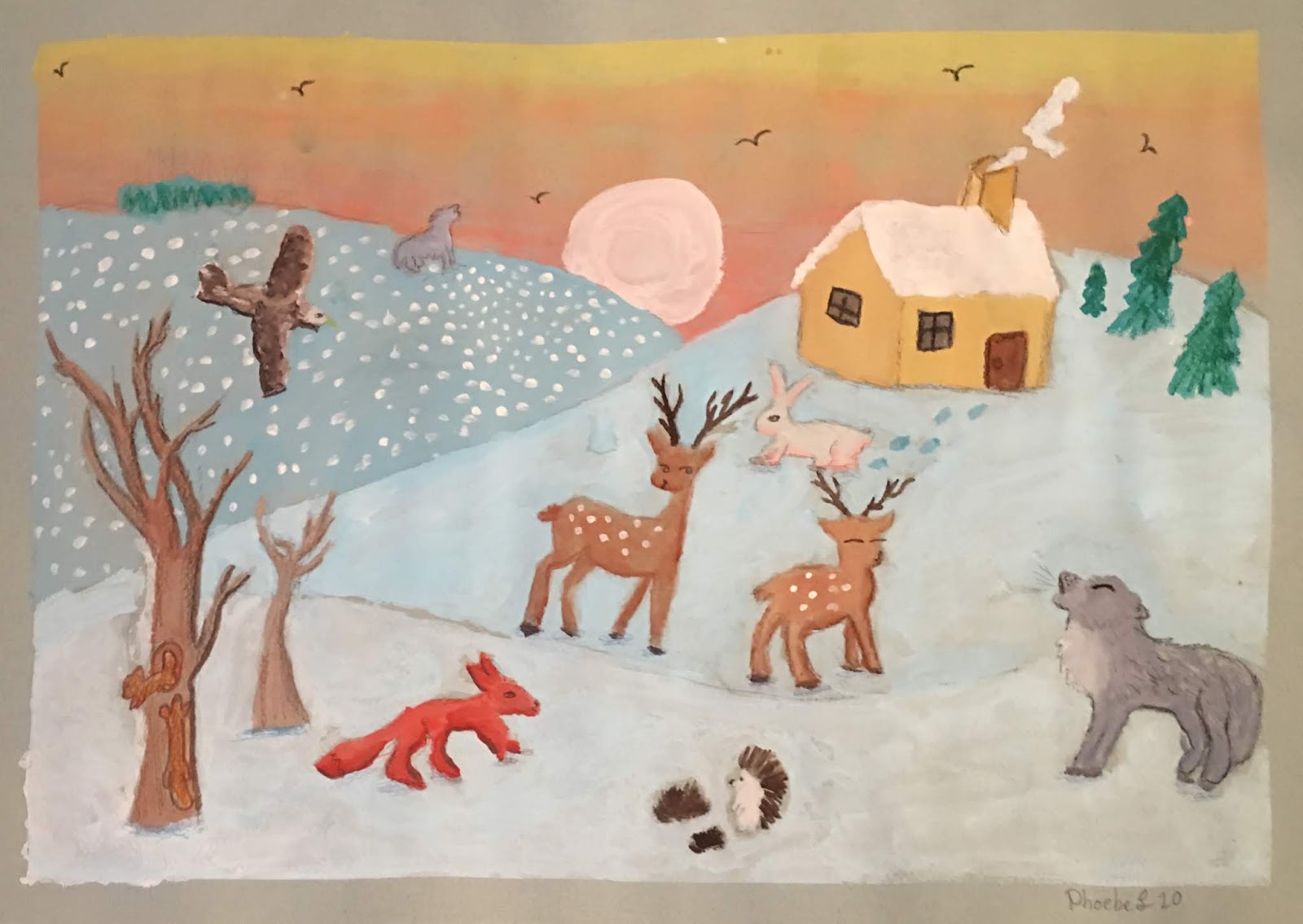 Art Room Britt: Winter Landscape with Animals in Motion - Gouache and ...