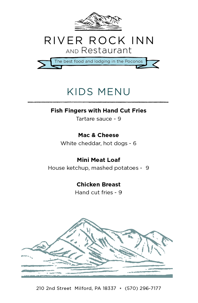 Usen Gandara Art/Design: River Rock Inn, menus, logo. Milford PA