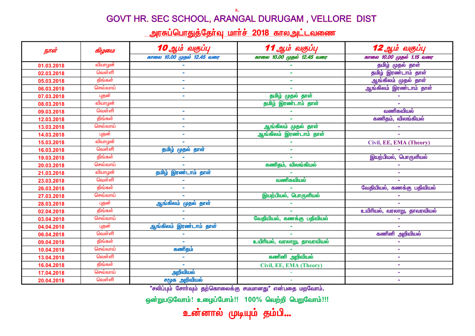 10, 11, 12th PUBLIC EXAM TIME TABLE 2018 - ALL IN ONE SINGLE PAGE ...