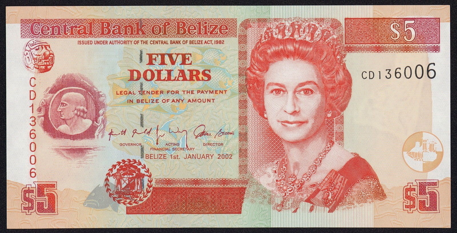 Belize 5 Dollars banknote 2002 Queen Elizabeth II|World Banknotes ...