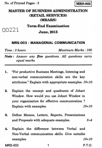 IGNOU MBA MRS-003 Managerial Communication 2015 Question Paper ...
