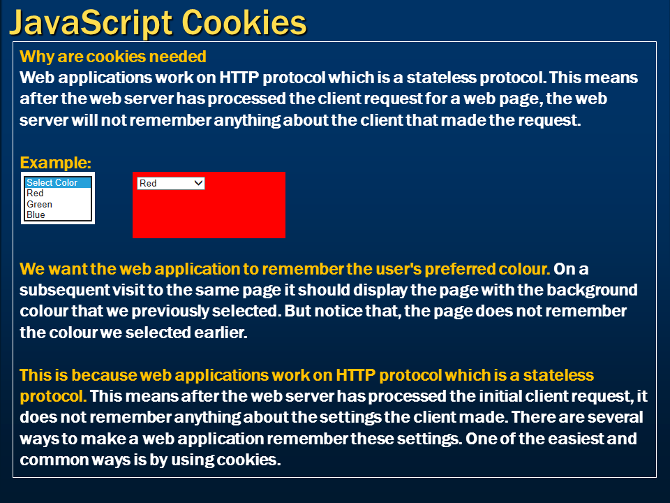 Sql server, .net and c# video tutorial: JavaScript Cookies