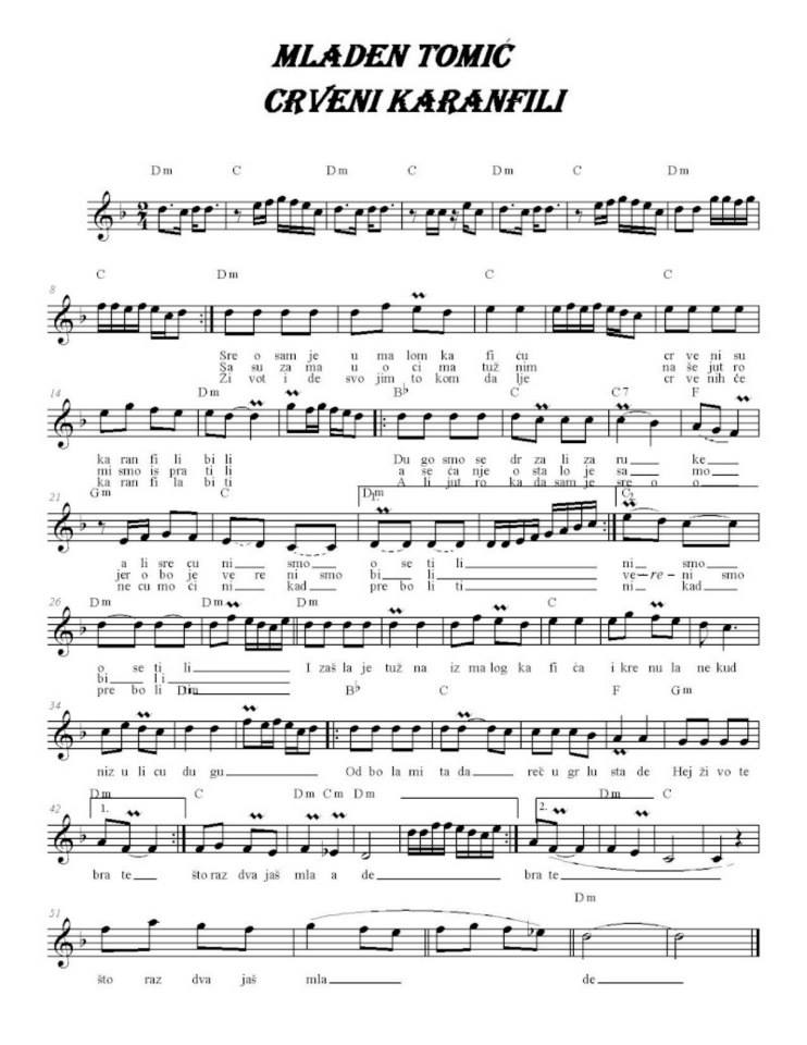 NOTE | DOMACE I STRANE: MLADEN TOMIĆ CRVENI KARANFILI NOTE AKORDI TEKST
