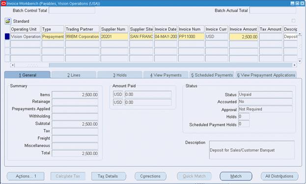 Oracle Applications: Create a Prepayment in Oracle Payables