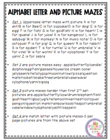 Alphabet Letter and Picture Mazes "No Prep" ~ Preschool Printables