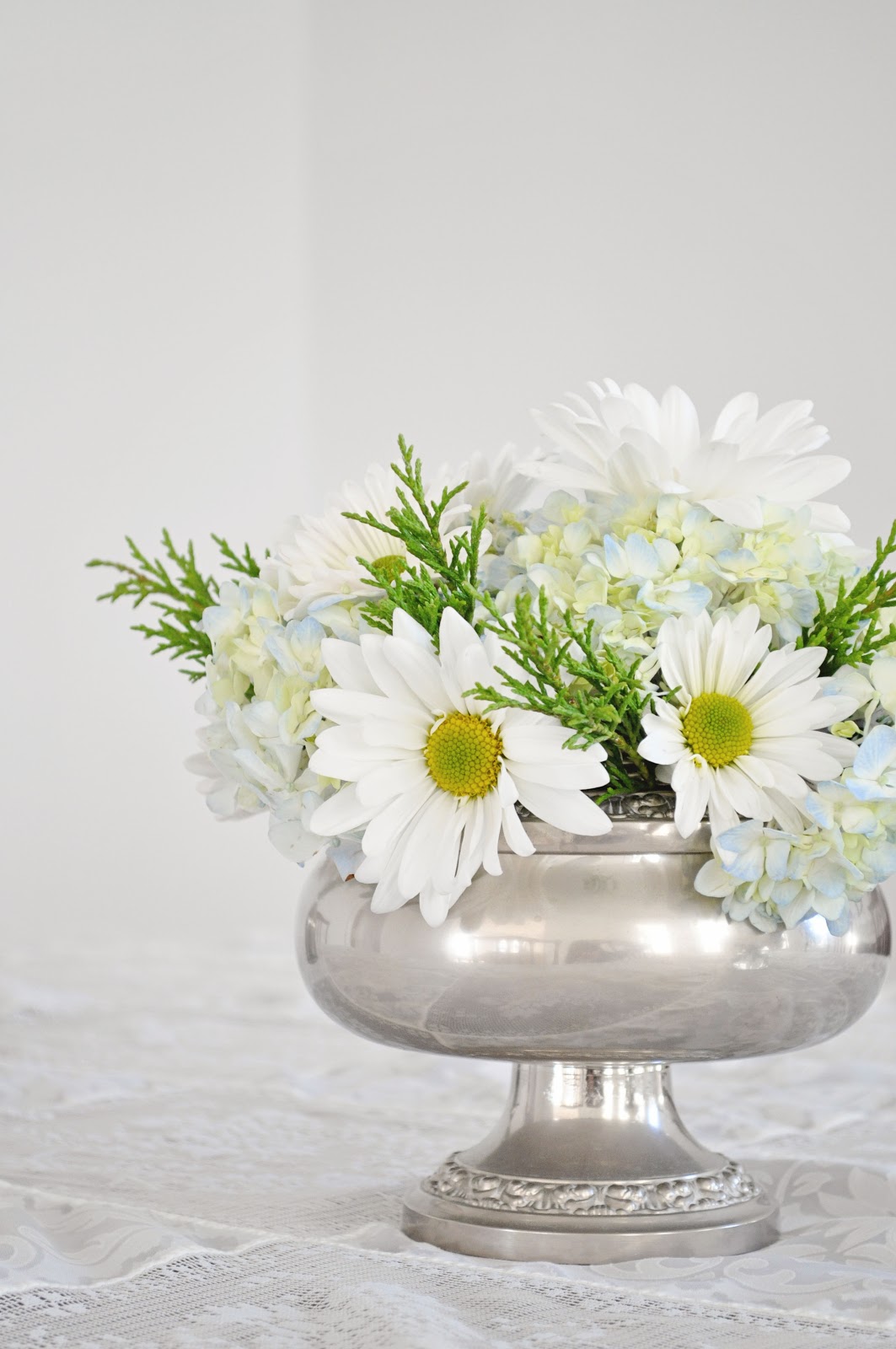 Athena & Eugenia: Winter Flower Arrangements: Daisies and Hydrangeas