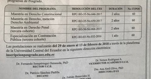 Carrera de Derecho: CONVOCATORIAS PROGRAMAS DE POSGRADO UCE