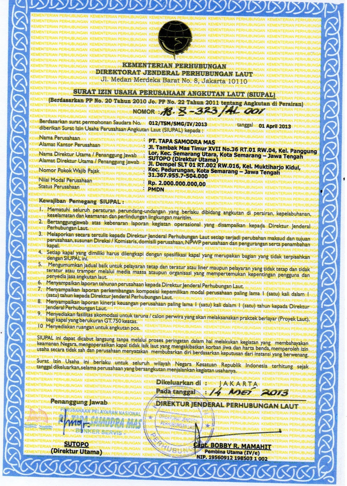 PT. TAPA SAMODRA MAS: SIUPAL