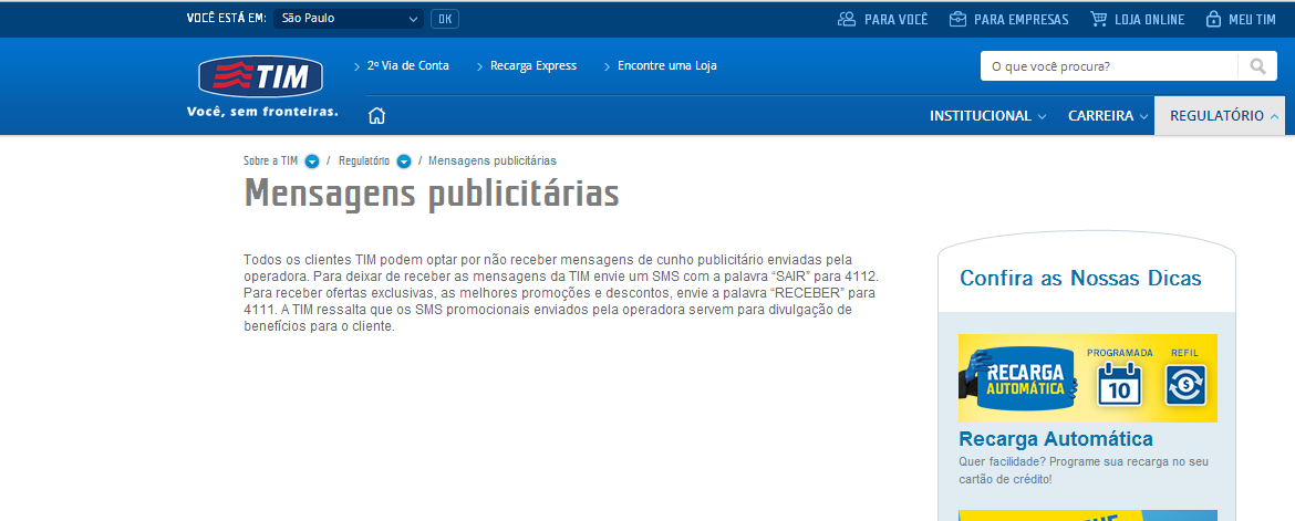 Como parar de receber mensagens de publicidade da Tim