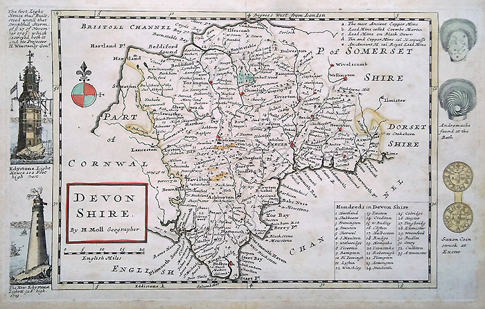 Antique Maps: 18th Century Old Map of Devonshire by Herman Moll