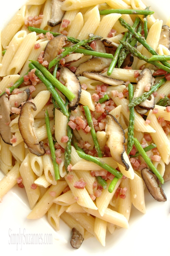 Simply Suzanne's AT HOME: penne with asparagus, shiitake, and pancetta