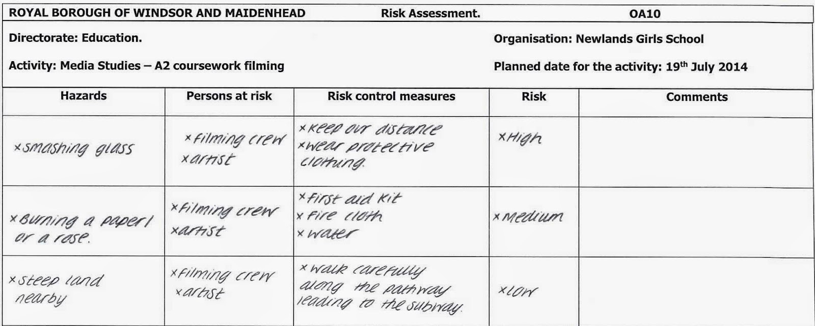 asfah A2 media studies: Research & Planning: Risk Assessment