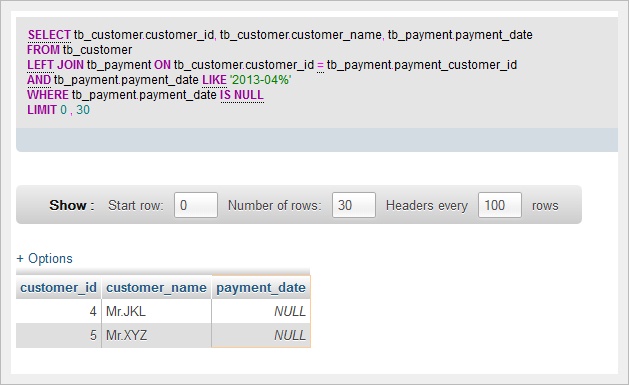 คำสั่ง SQL ค้นหารายชื่อลูกค้าที่ค้างชำระเงินในแต่ละเดือน