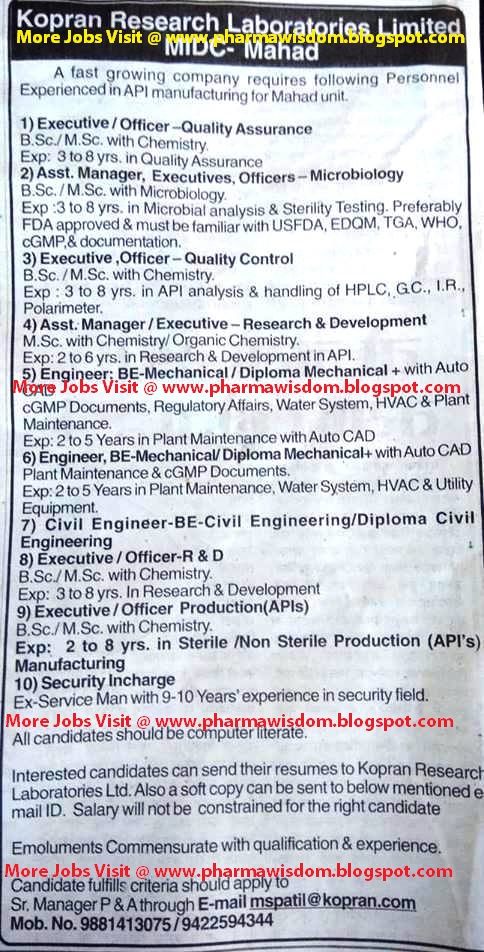 Urgent Openings for QA / QC / Production / Micro / R&D / Engineering ...