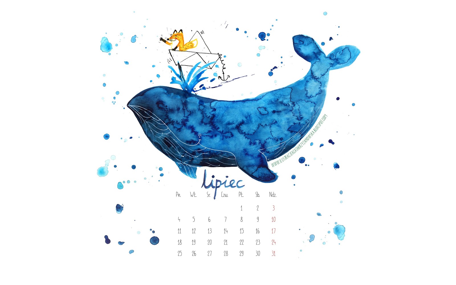 ilustracje dla dzieci: Lipcowa karta z kalendarza.
