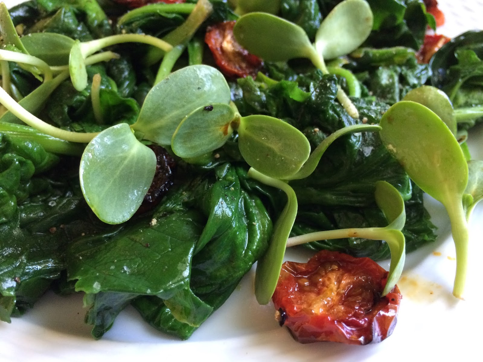 Wilted Spinach with Microgreens and Roasted Grape Tomatoes - Recipe