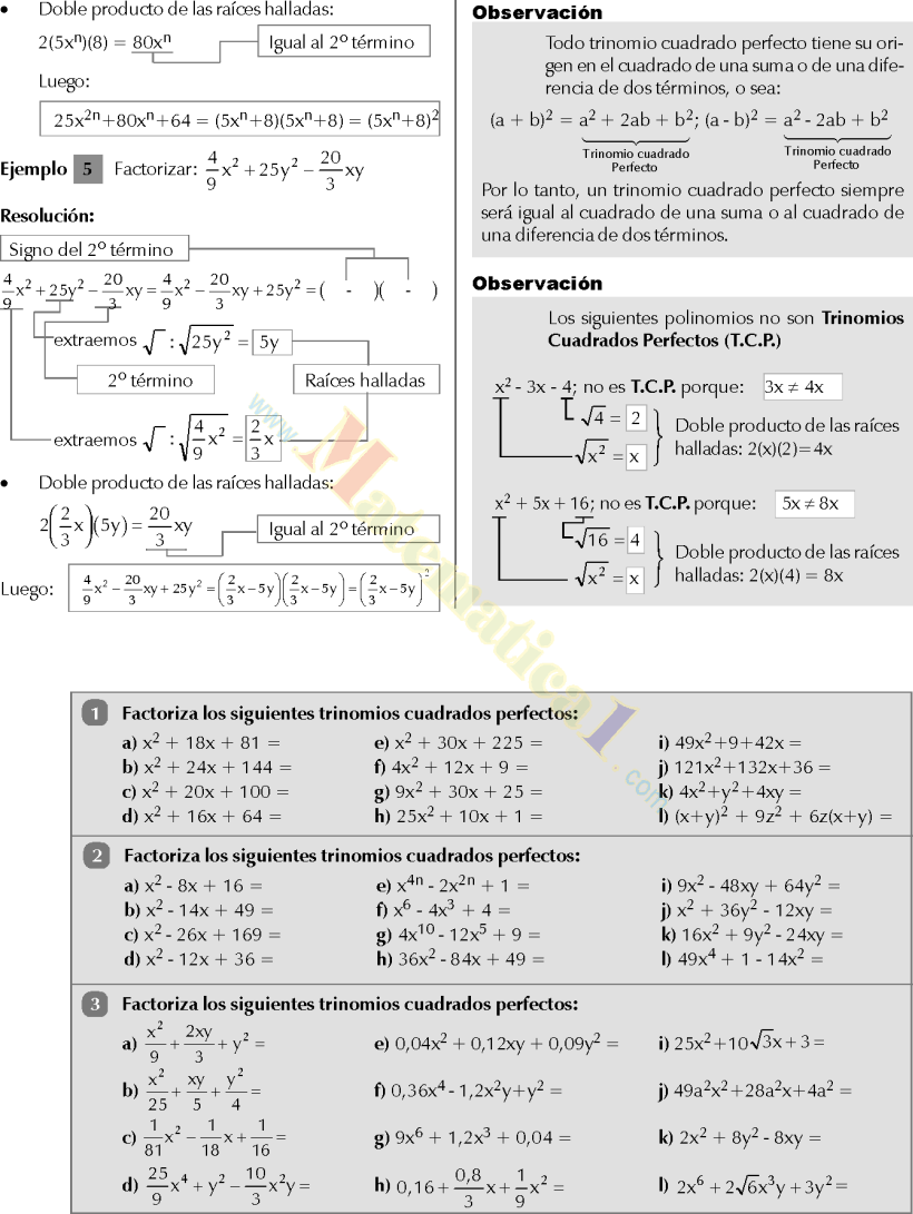 FACTORIZACION DE UN TRINOMIO CUADRADO PERFECTO EJERCICIOS RESUELTOS