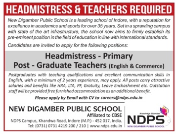 New Digamber Public School Indore Wanted Headmistress/Teachers ...