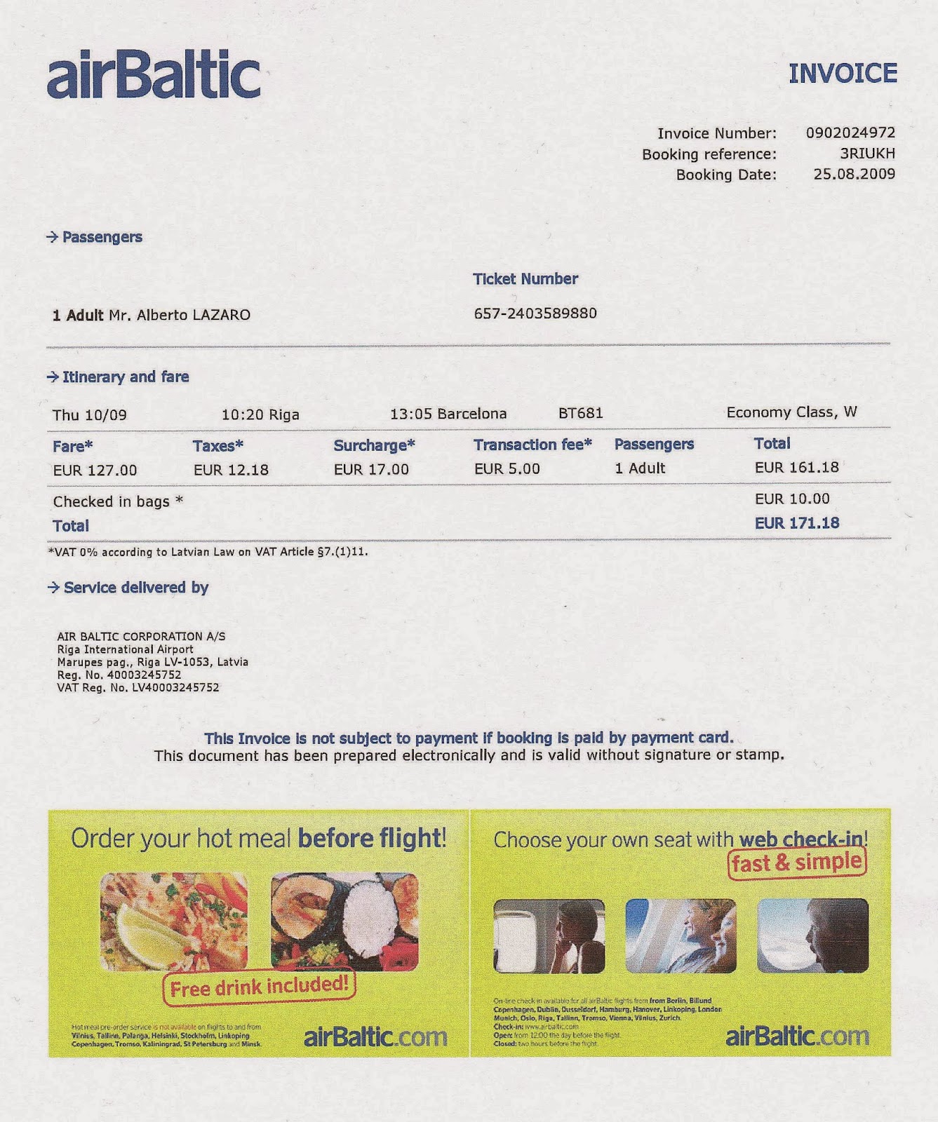The traveler's drawer: AIRBALTIC. Invoice for the flight BT681 Riga ...