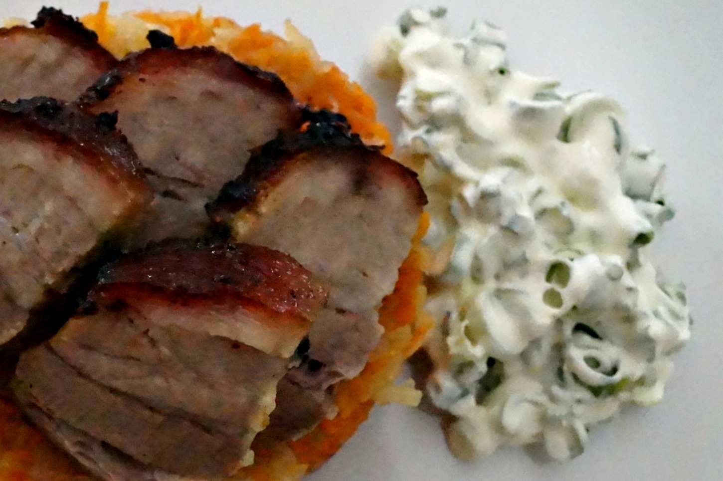 Roast Lemon and Herb Pork Belly with Mixed Potato Rosti and Sour Cream ...