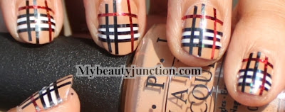 Burberry plaid nail art design: Striping tape manicure tutorial for ...