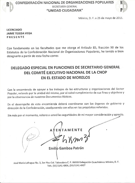 Nombramiento del Delegado especial el Lic. Jaime Tejeda Vega ~ CNOP Morelos
