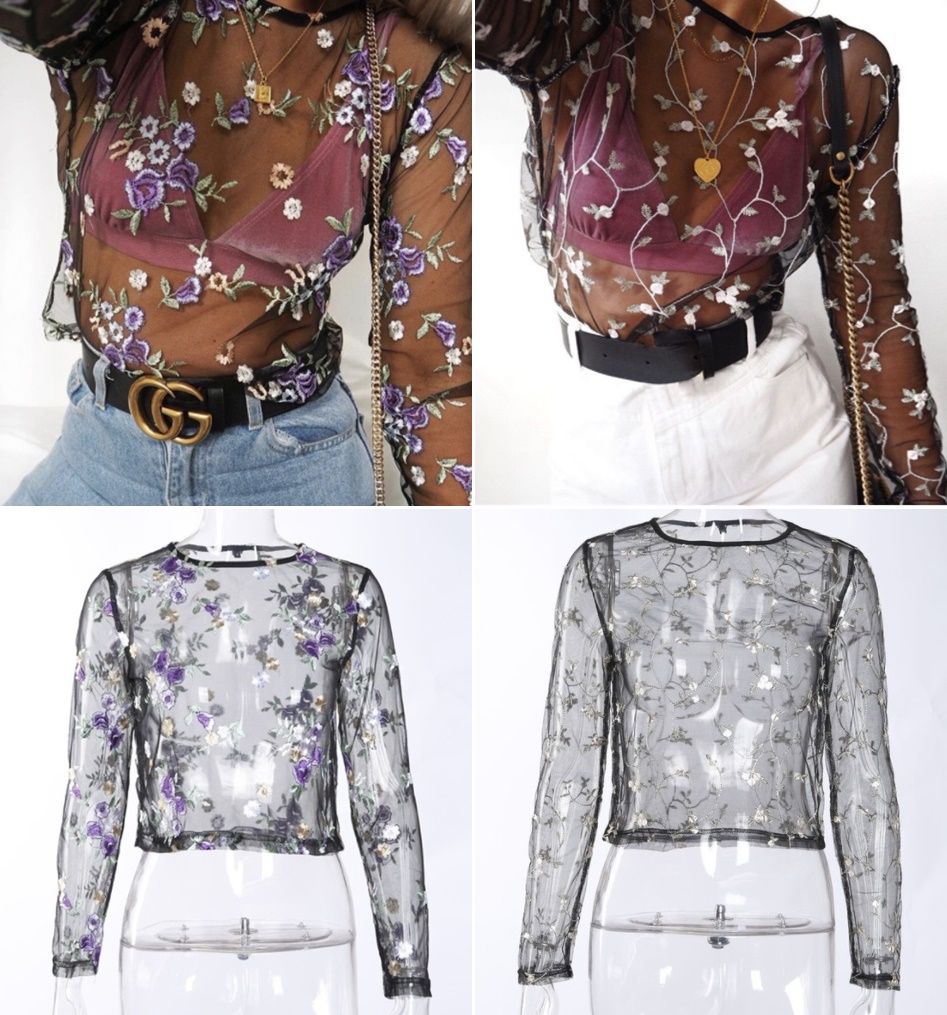 Goals Shop: Tops negros transparentes con flores bordadas