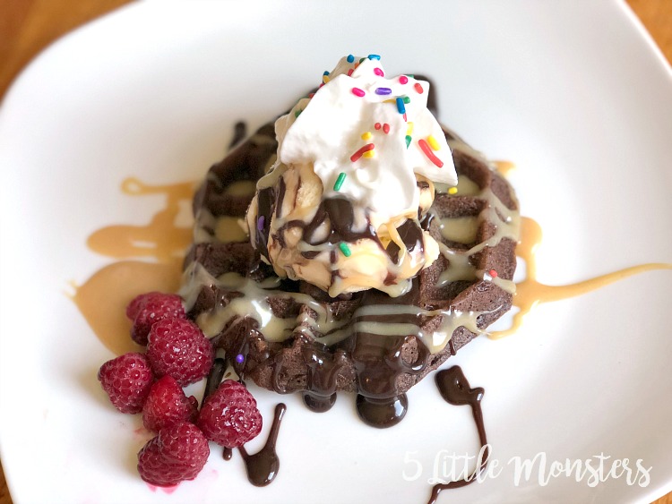 5 Little Monsters: Waffle Sundaes with Hot Fudge and Peanut Butter Sauce