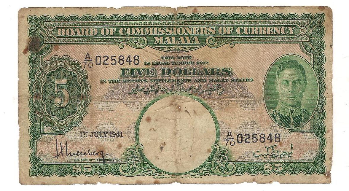 711CollectionStore: 5 Dollars KGVI Malaya Banknote - 1941