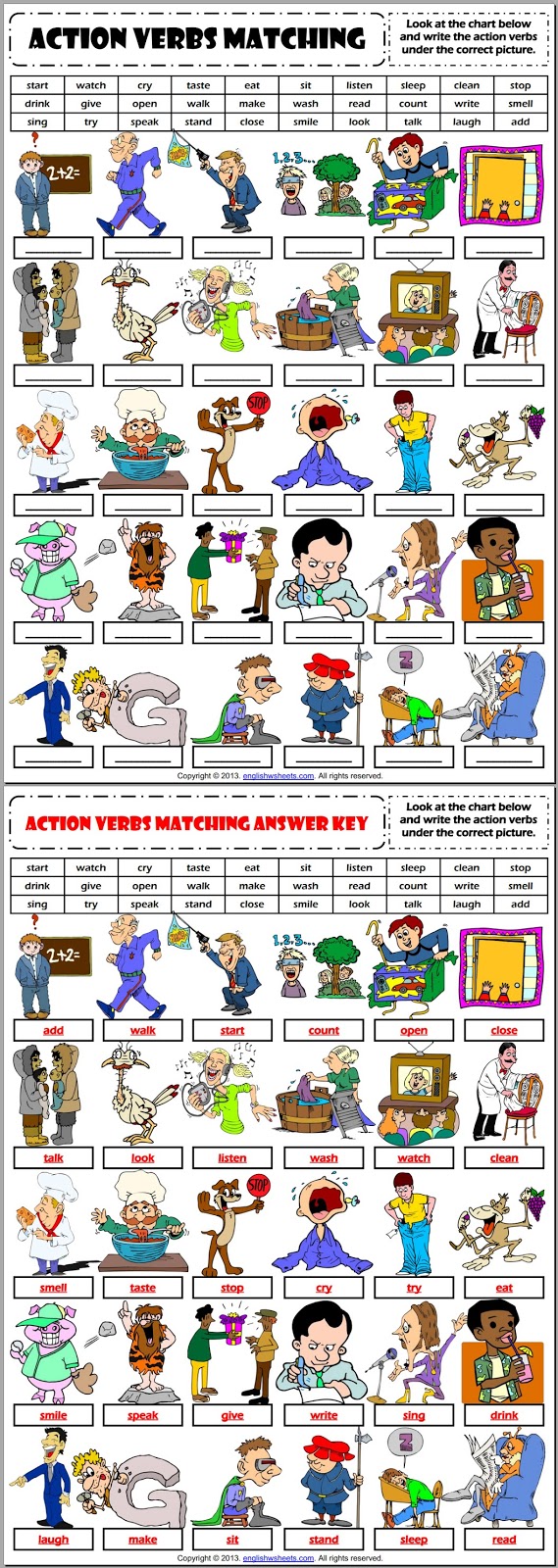 home school: action verbs1 vocabulary matching