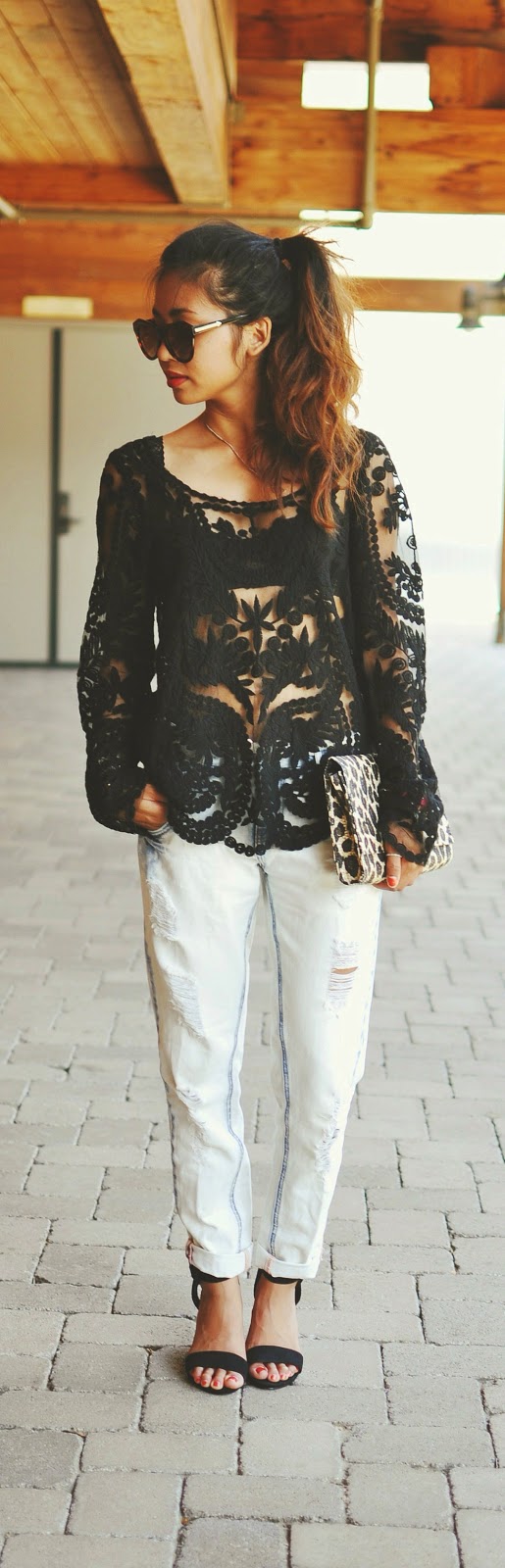 Fashion Magazine: Black Lace Blouse with Ripped Jeans | Causal Chic Outfits