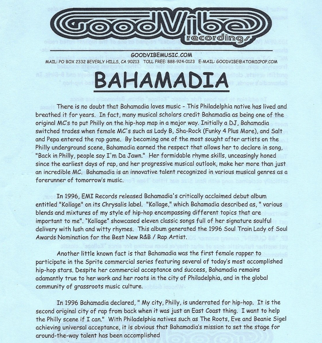 Hip-Hop Nostalgia: Bahamadia "BB Queen" (Press Kit, 2000)
