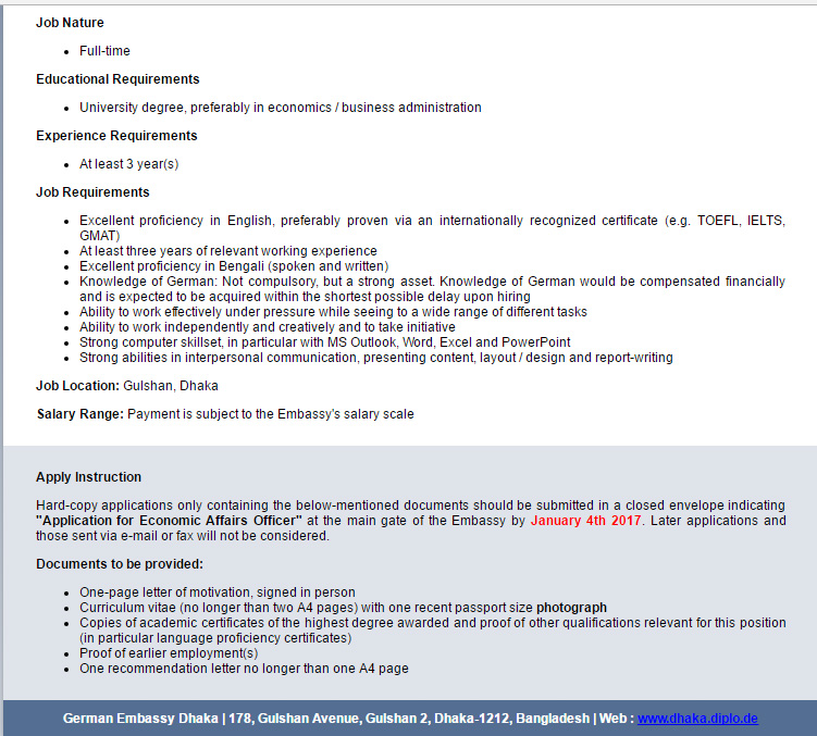 Vacancy German Embassy Dhaka Economic Affairs Officer Job Circular