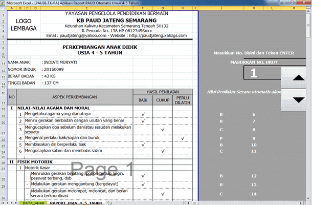 Aplikasi Buku Raport PAUDI-TK-RA Format Microsoft Excel - Edukasi Baru