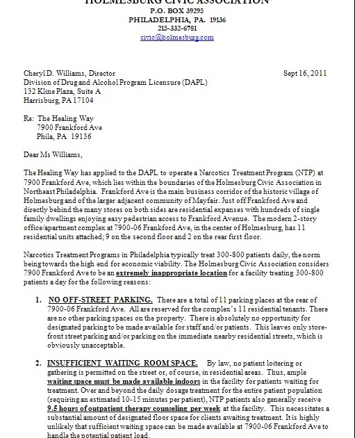 Mayfair Civic Association: Holmesburg Civic Letter to Division of Drug ...