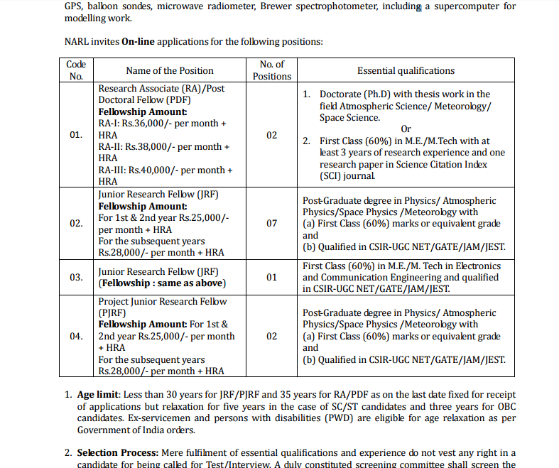 Advertisement for the position of SD in National Atmospheric Research ...