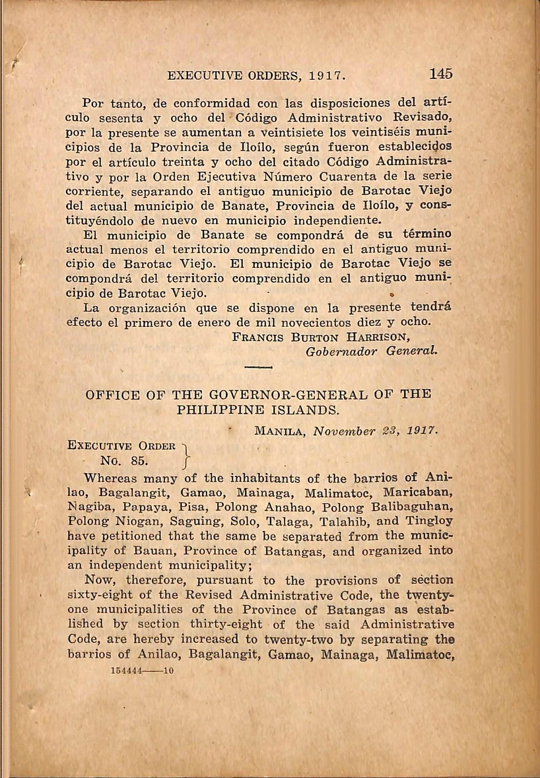 Executive Order No. 85 1917 Creating the Municipality of Mabini ...